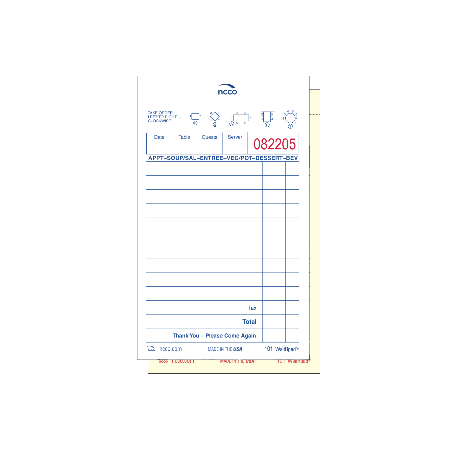 Small Two-Part Carbonless WaitRPad Guest Check - National Checking