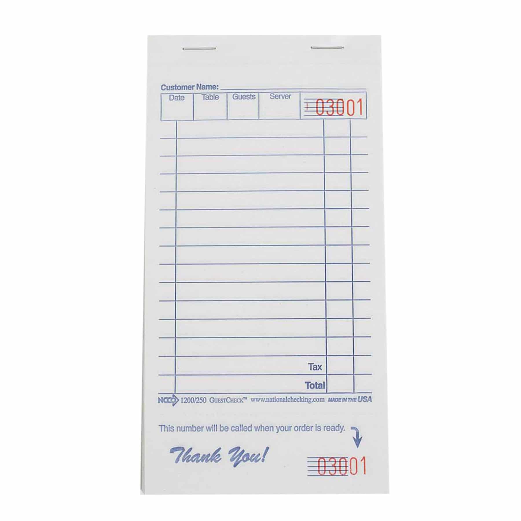 Medium Single Copy Paper Guest Check - National Checking
