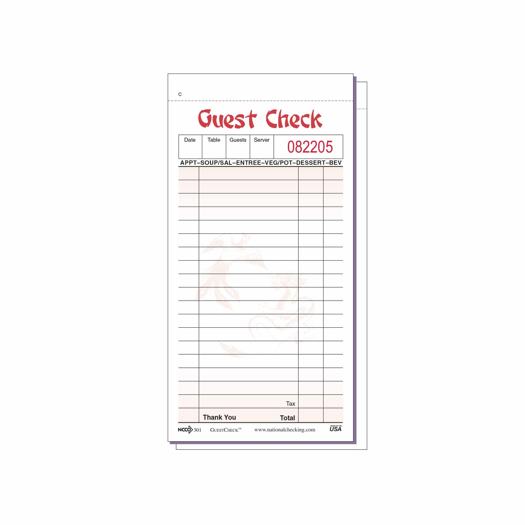 Asian Medium Duplicate Carbon Guest Check - National Checking