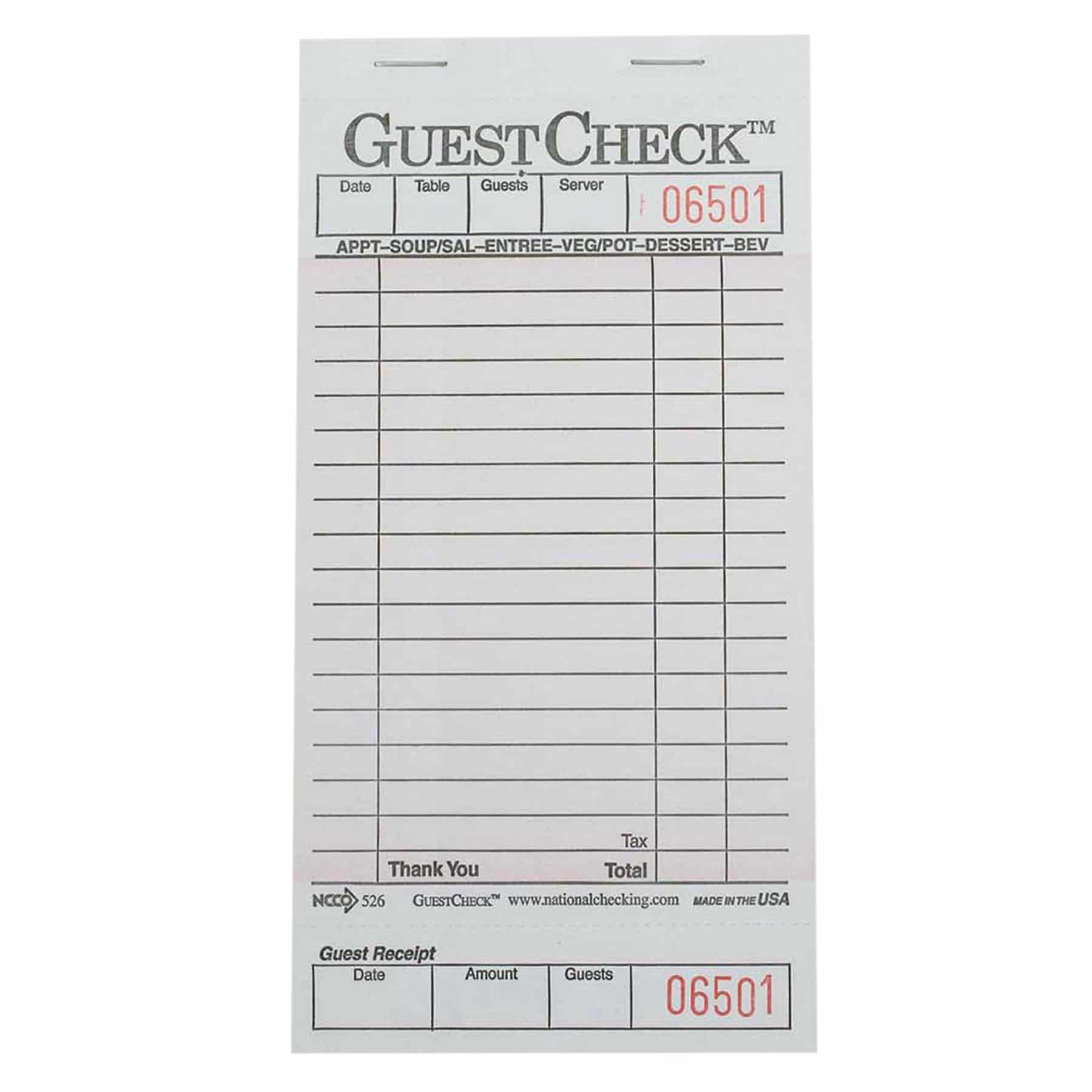 Medium Single Copy Cardboard Guest Check - National Checking