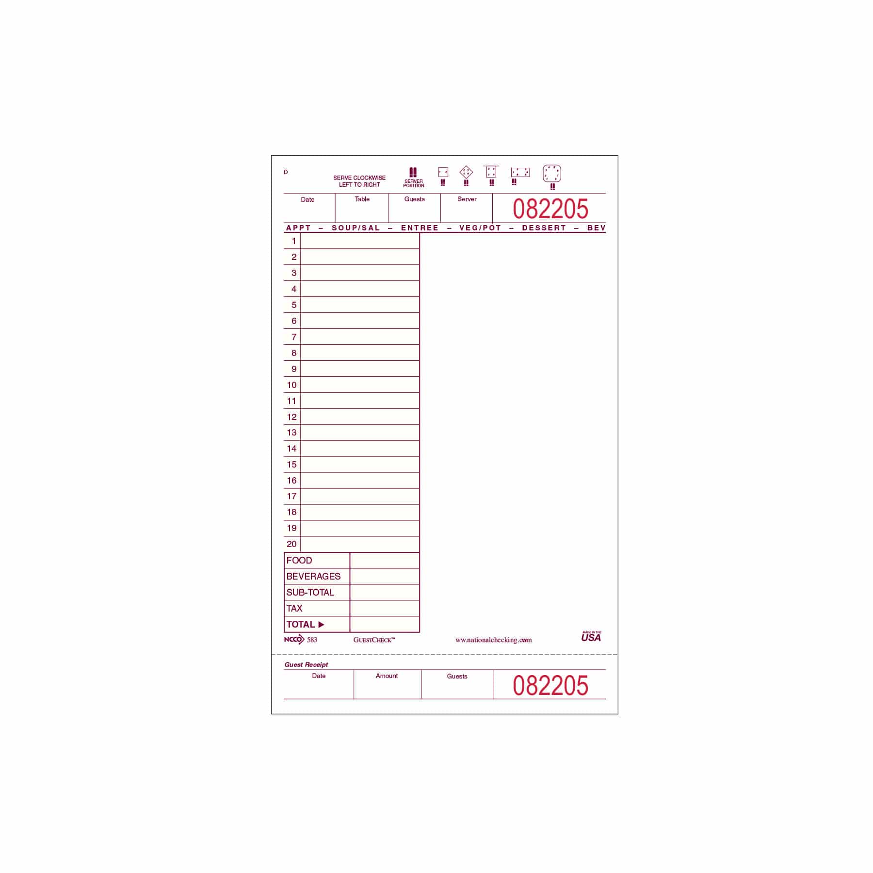 Large Single Copy Cardboard Guest Check - National Checking