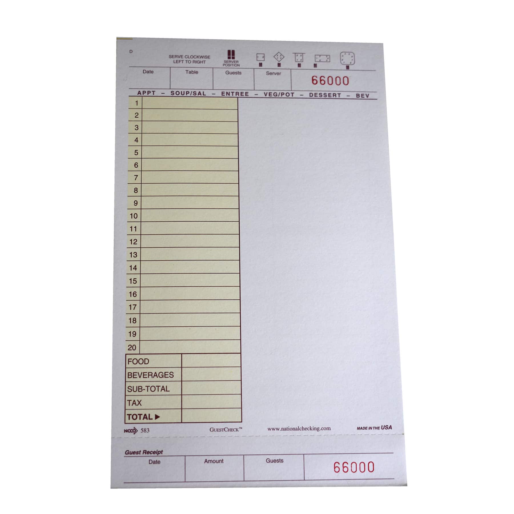 Large Single Copy Cardboard Guest Check - National Checking