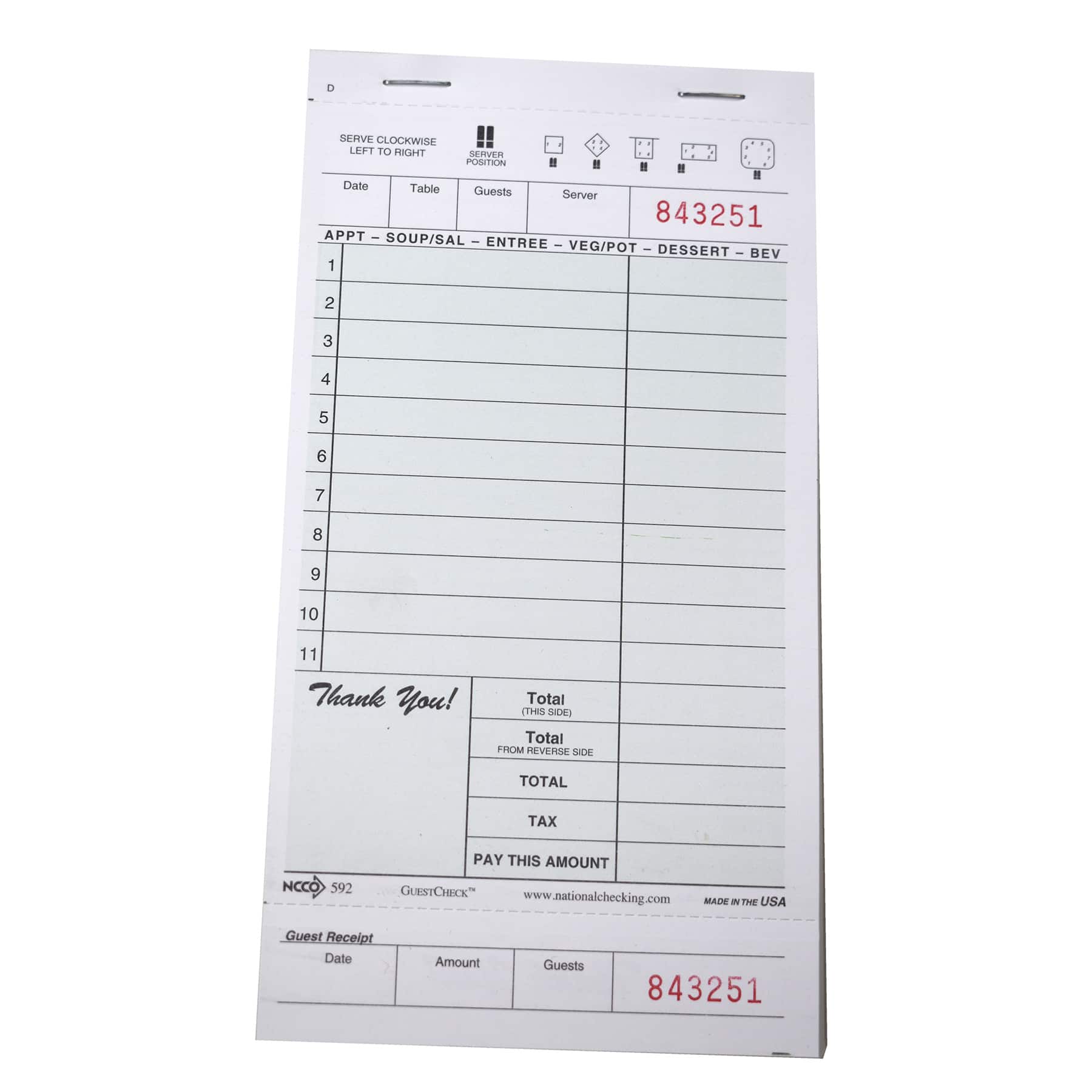 Large Single Copy Cardboard Guest Check - National Checking
