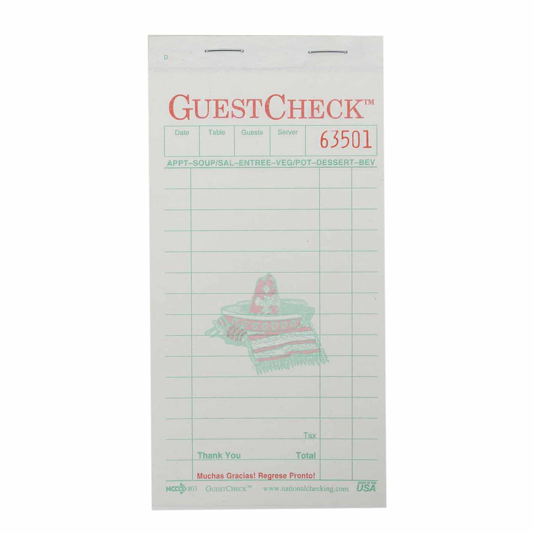 Spanish Medium Two-Part Carbonless Guest Check - National Checking
