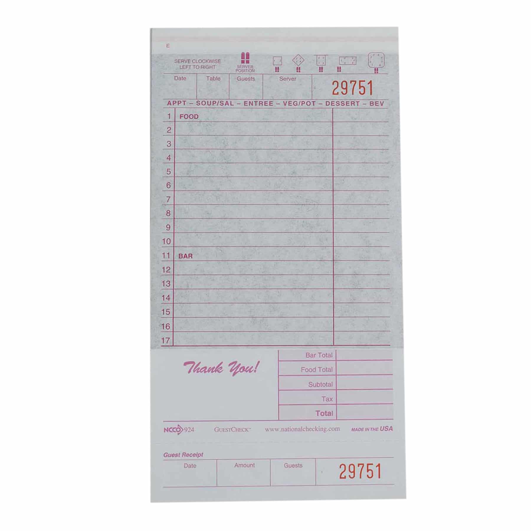 Large Duplicate Carbon-Backed Guest Check - National Checking