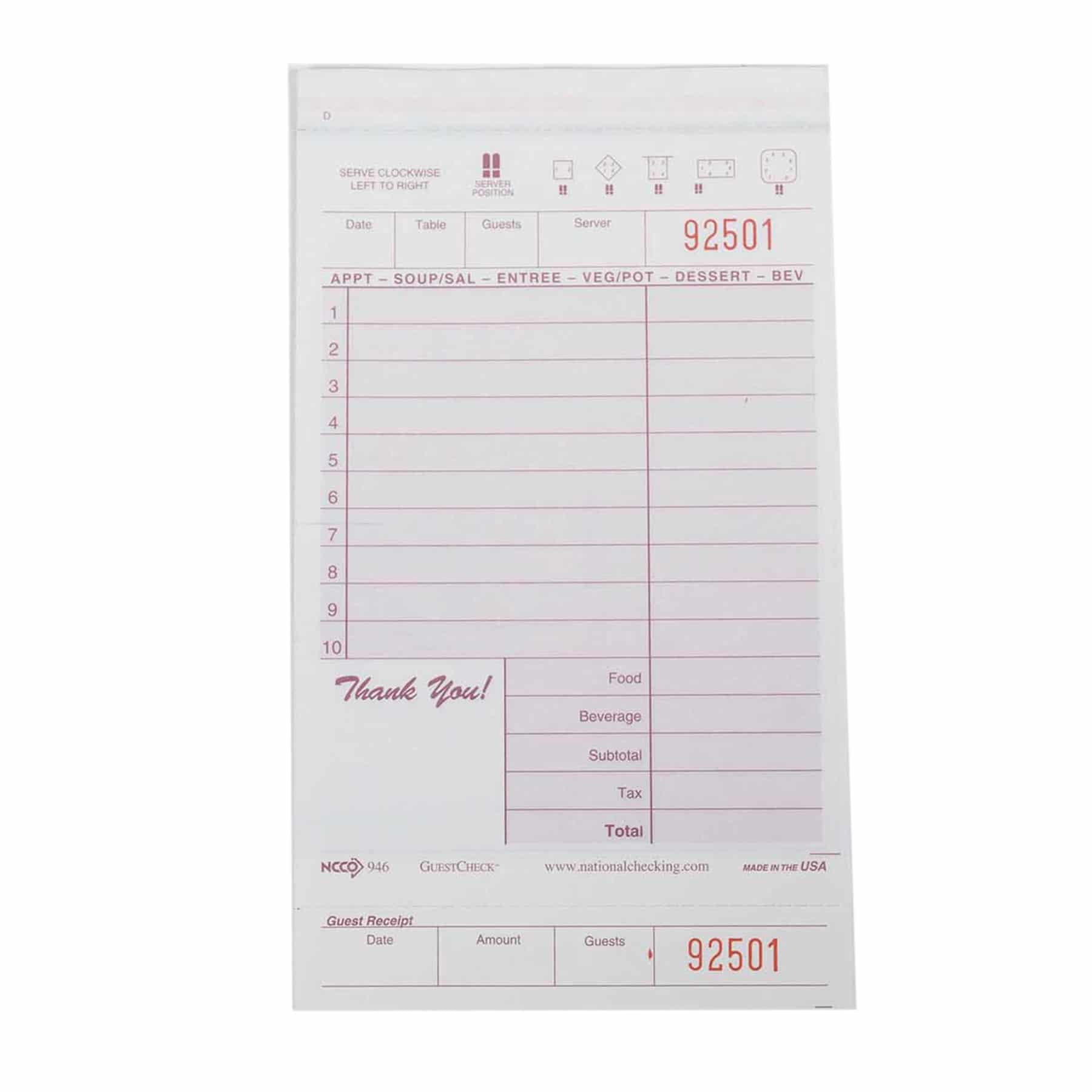 Medium-Wide Two-Part Carbonless Guest Check - National Checking