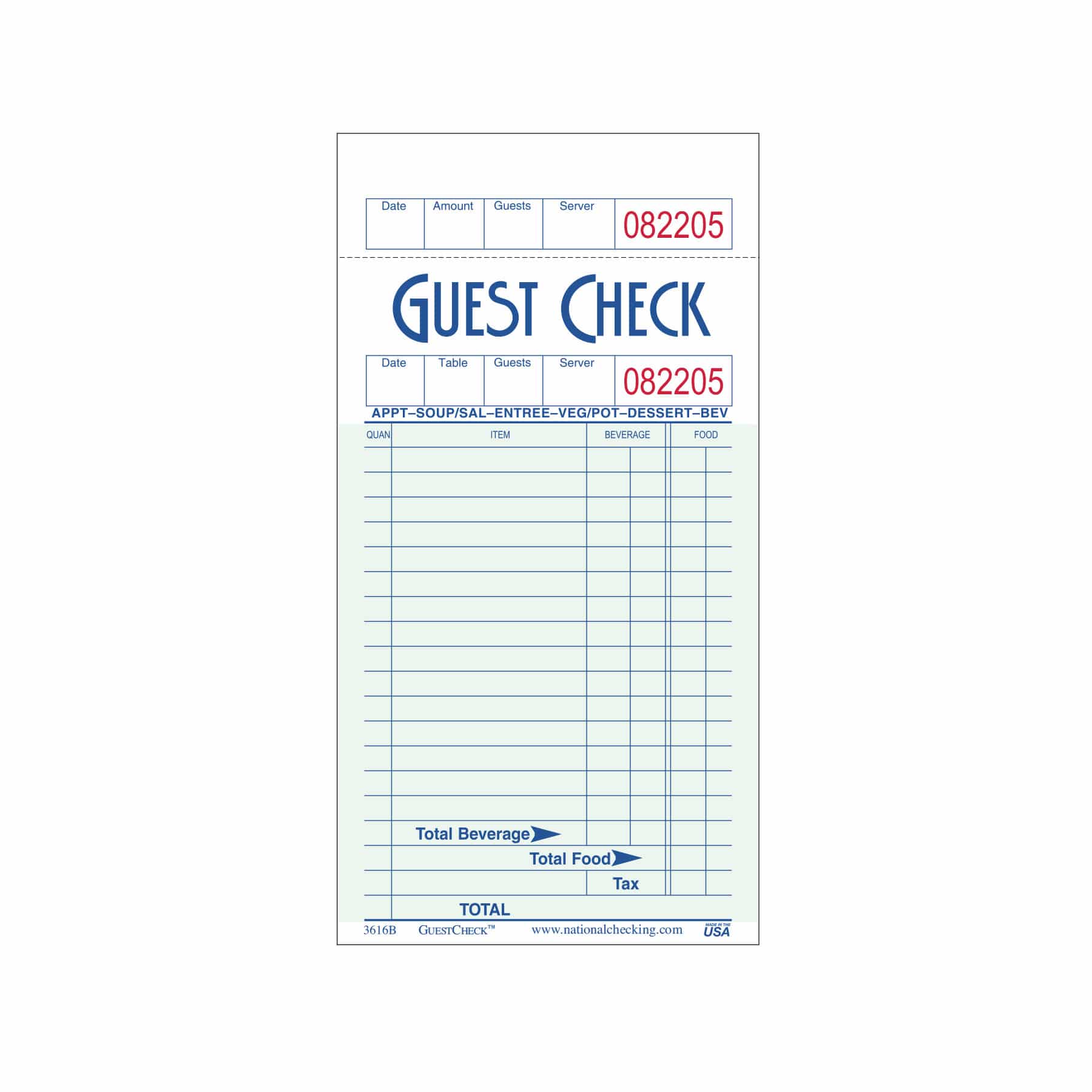Medium Single Copy Paper Guest Check - National Checking