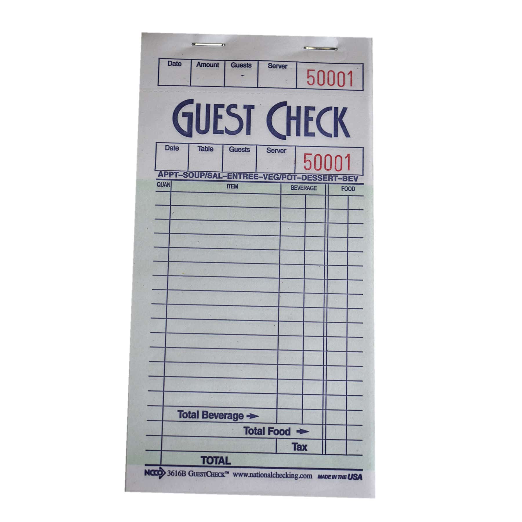 Medium Single Copy Paper Guest Check - National Checking